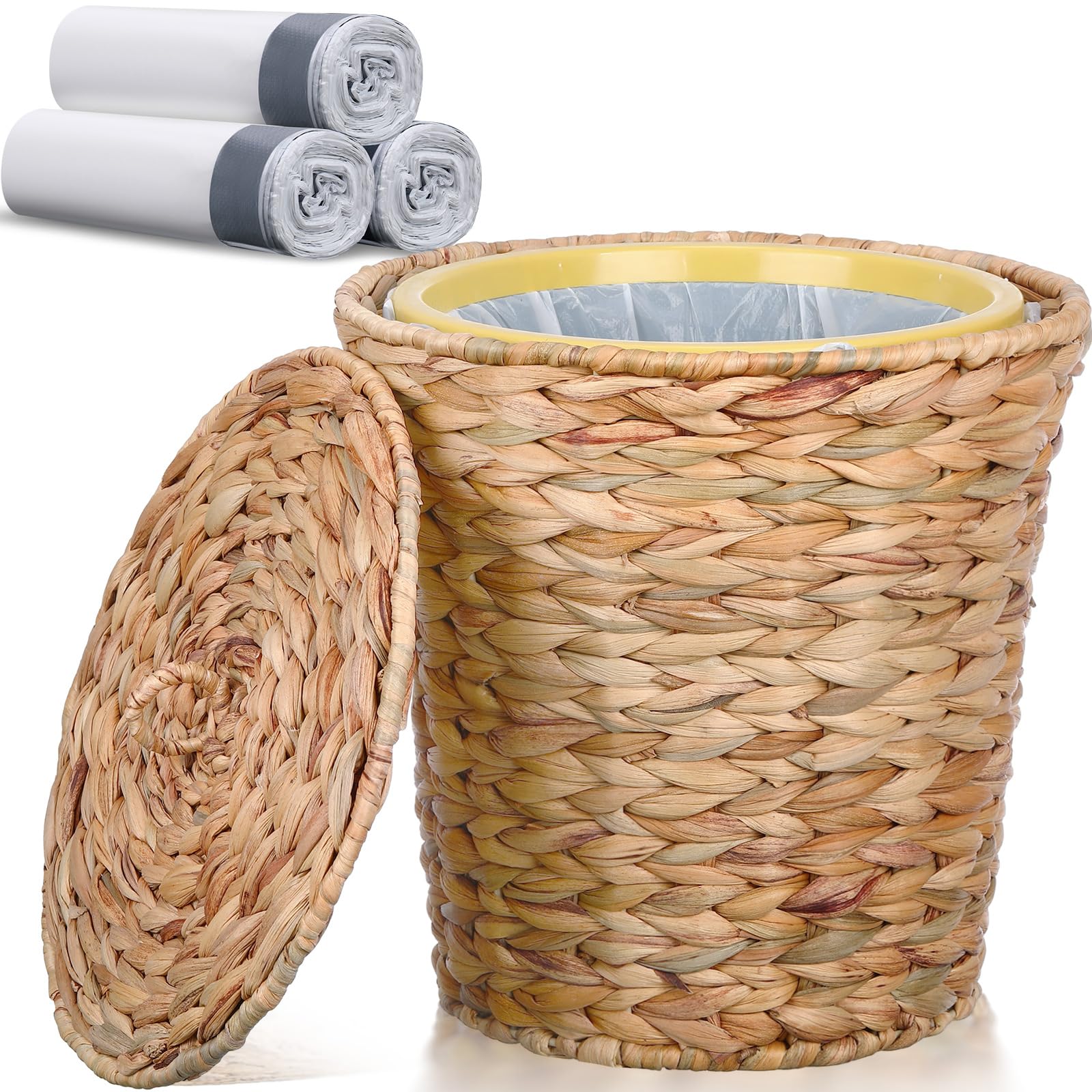 Menkxi Wicker Waste Basket with Lid in Bedroom Bathroom Wicker Trash Can in Office, Boho Handwoven Wicker Waste Basket with Plastic Insert and 60 Pcs Drawstring Trash Bag(4 Gallon)