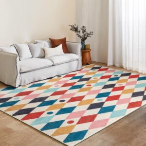 adecor colorful area rug, 5x7 low pile stain resistant washable rug, large soft non-slip multicolor diamond checkered kids rug carpet for bedroom, living room, nursery, playroom decor