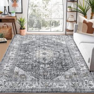 royhome 8x10 area rug machine washable rug for living room vintage medallion distressed indoor accent rug stain resistant non-slip traditional boho floor cover carpet rug for home decor, grey