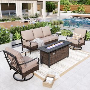 green party extra large outdoor patio furniture set with 56" fire pit table 4 pieces for 5, modern metal patio conversation sets with high back 3-seat sofa, 2 swivel chairs, 1 fire pit table