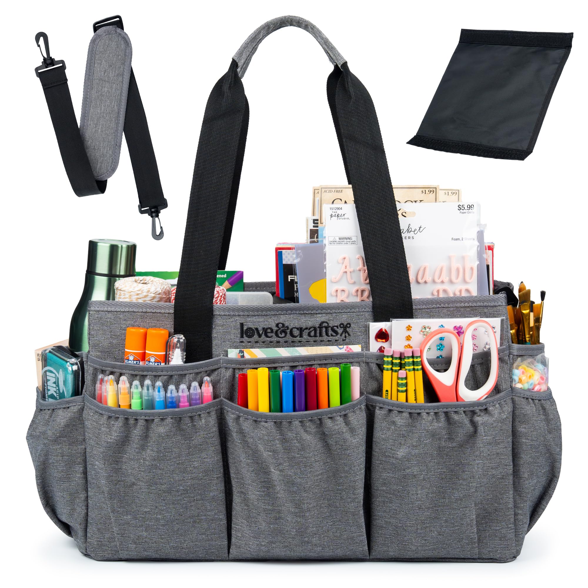 Large Craft Organizer Tote Bag - Art Bag 16 x 7.9 x 9.5 with Elastic Side Pockets to Keep Markers Tidy - Durable Craft Bag Organizer Tote - Caddy Organizer with Handle and Removable Divider (Grey)