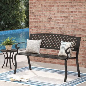 vicllax outdoor garden bench, 50” long metal patio bench with backrest and armrests, modern slatted black park bench for front porch, lawn, yard, garden, crossed rhombic back