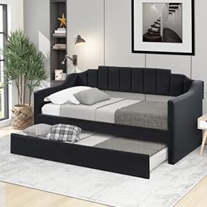 dreloft twin size upholstered daybed with trundle, twin sofa bed day bed for living room bedroom guest room, ideal bed frame for home, no box spring needed, black