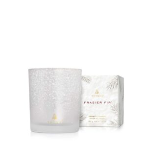 thymes frasier fir flocked jar candles – scented candles for home with notes of siberian fir, cedarwood & sandalwood – holiday candles for christmas decor – white candles (poured candles, 6.5 oz)