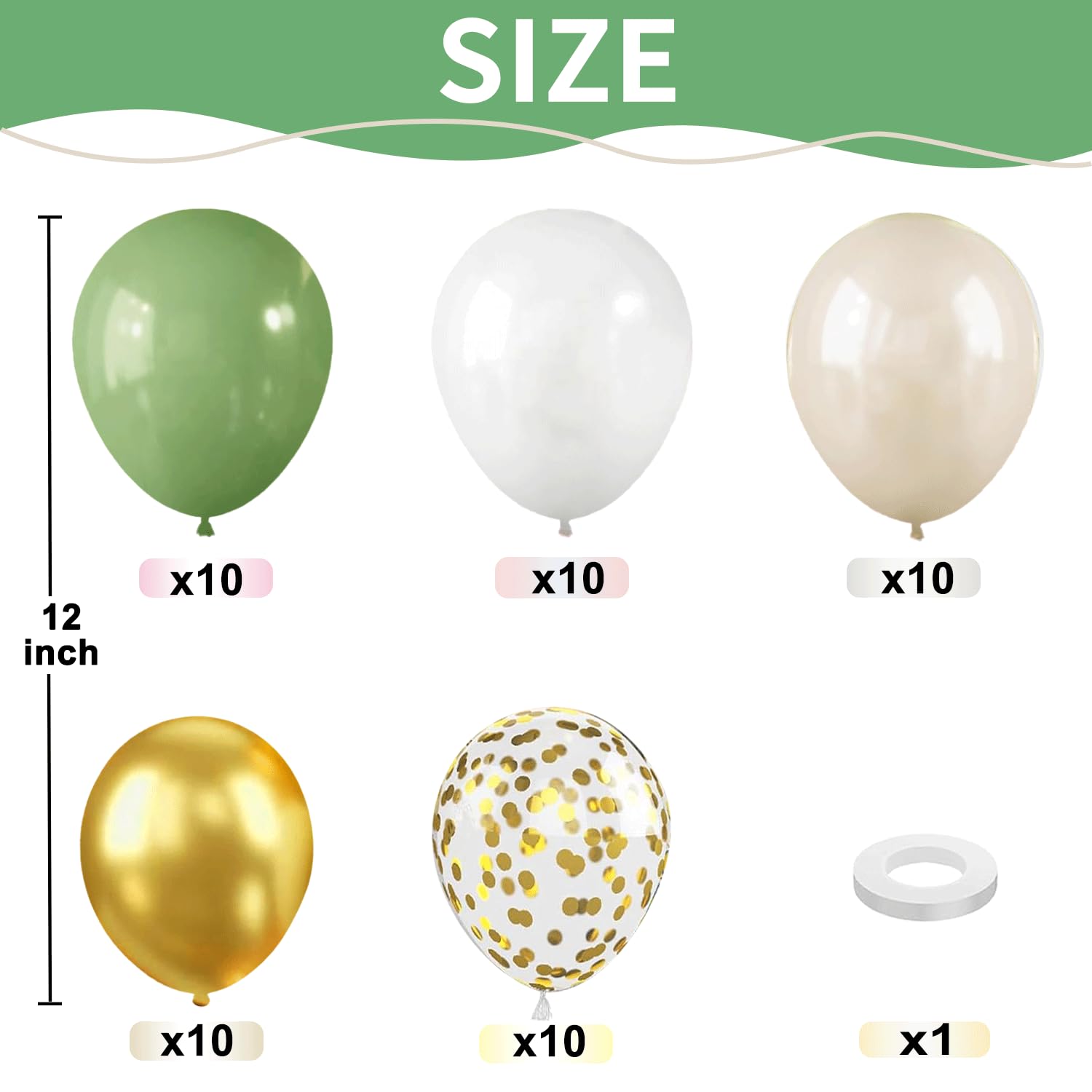 Sage Green White Gold Balloons, 50pcs Olive Green Gold Metallic Sand White Balloons with Gold Confetti Balloons for Wedding Baby Shower Bridal Shower Safari Birthday Party Decorations