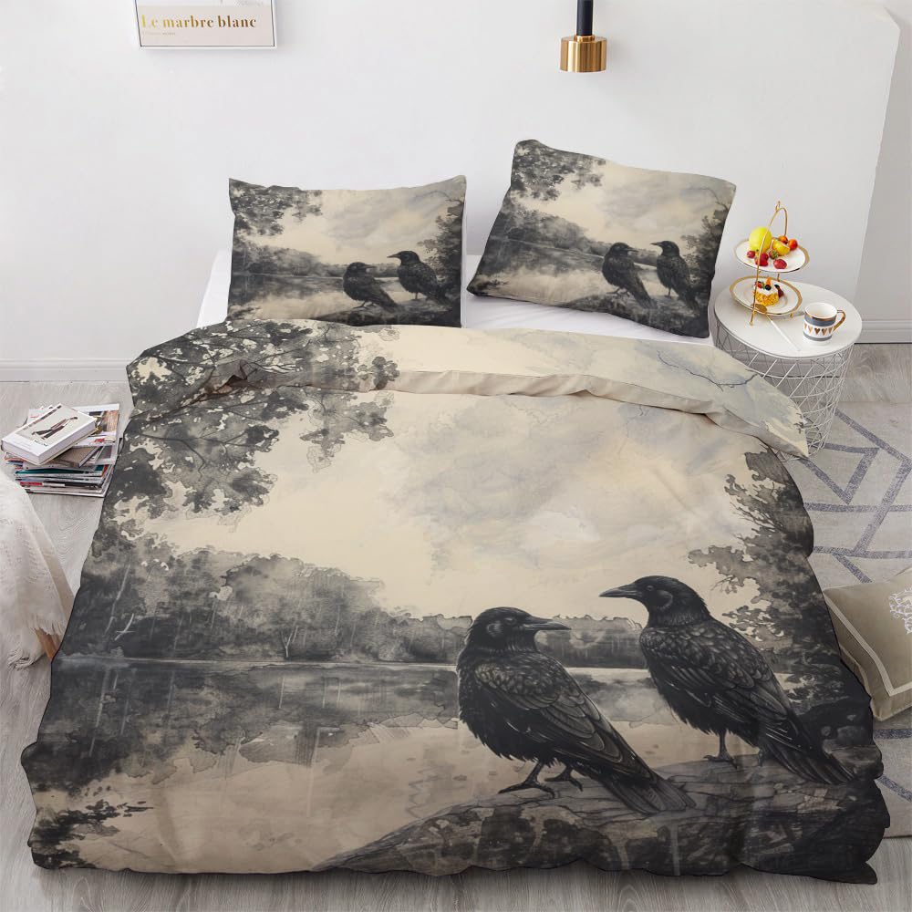 OmErsa Crow Duvet Cover King Size Bedding Set 3 PCS, Scenery Comforter Cover & 2 Pillowcases Soft Microfiber Patterned Bedroom Decorations for Adults Teens