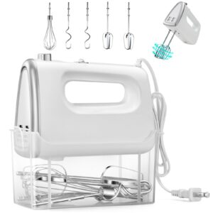 hand mixer electric, 5-speed hand mixer electric portable, with snap-on storage case, 5 stainless steel attachments,dough hooks whisk storage case,blender for baking & cooking,white