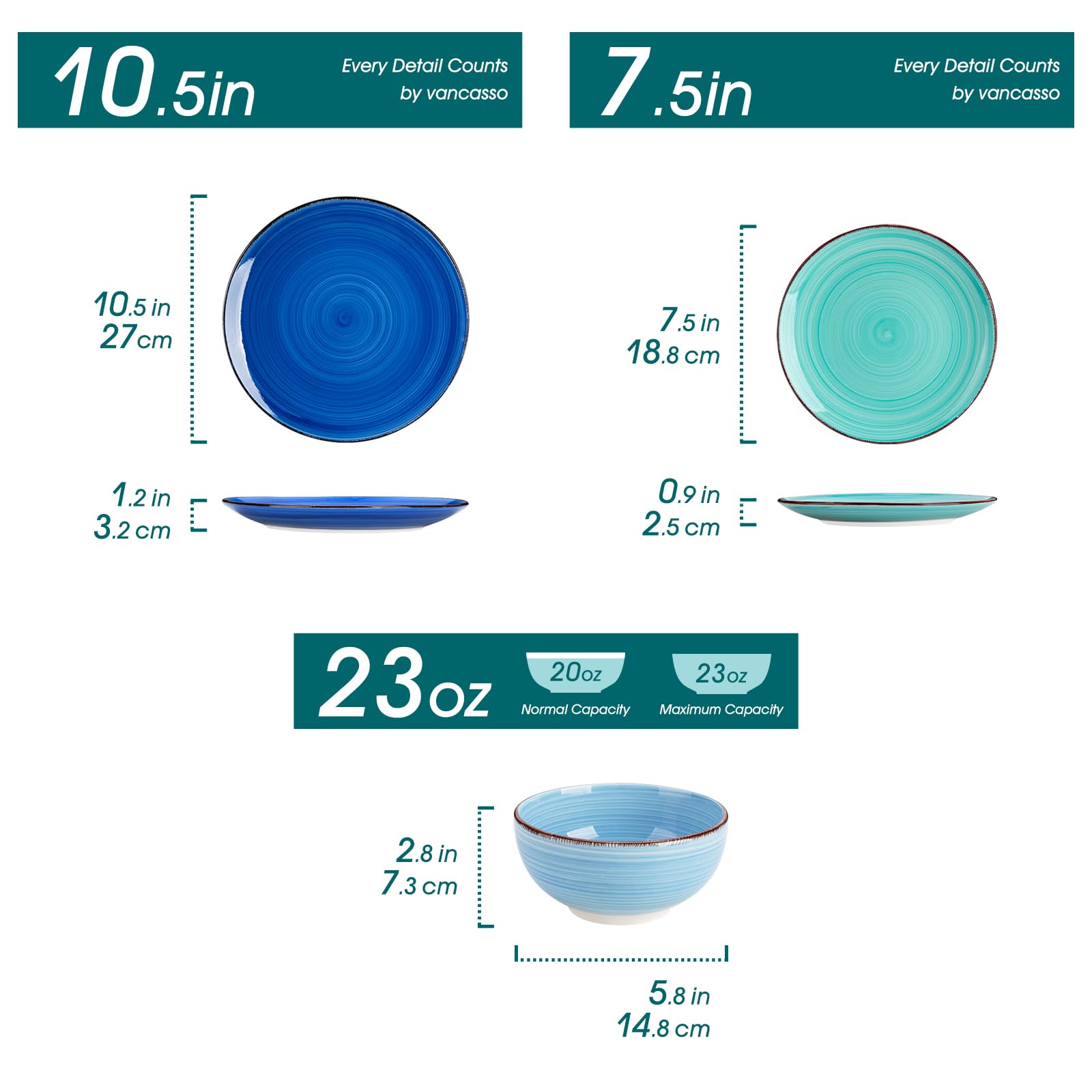 vancasso Bonita Dinnerware Set Blue Stoneware 12 Pieces Service for 4, Handpainted Spirals Pattern Stoneware Plates and Bowls Set