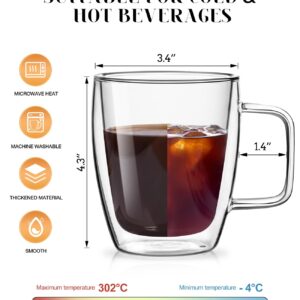 OJA Double Walled Coffee Mugs Set of 4-12.5oz Clear Coffee Cup with Handle for Cappuccino, Tea Bag, Latte Espresso Americano - Insulated, Heat Resistant Beverage Glasses Borosilicate Glass