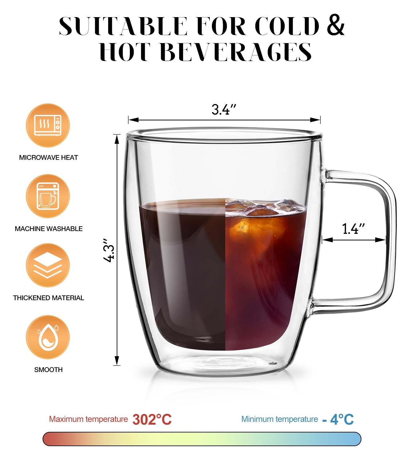 OJA Double Walled Coffee Mugs Set of 4-12.5oz Clear Coffee Cup with Handle for Cappuccino, Tea Bag, Latte Espresso Americano - Insulated, Heat Resistant Beverage Glasses Borosilicate Glass