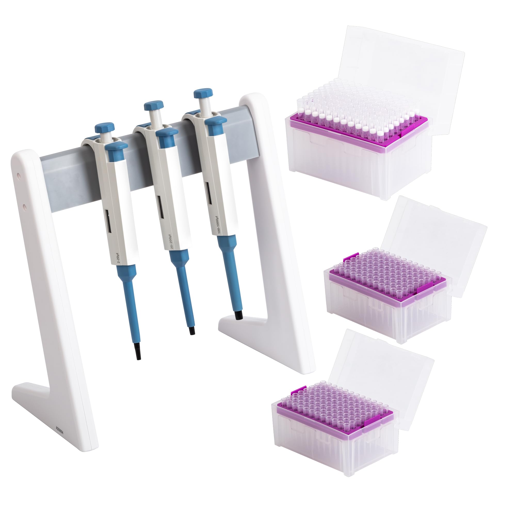 HUWAZINE micropipettes kit 2-20ul 20-200ul 100-1000ul, Universal Pipette Tips 100ul 200ul 1000ul, Linear Pipette Stand (SC-Pipettor-3pcs-D)