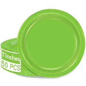 qzyl 50 pcs disposable plates lime green, 7" bulk paper plates, dessert plates disposable, heavy duty paper plates, party dinnerware for green party theme wedding bridal birthday party decorations