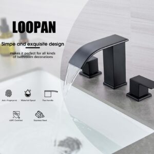 LOOPAN Bathroom Faucet for 3 Hole, Waterfall Matte Black 8 Inch Widespread Bathroom Faucets & Parts, Modern 3 Piece Bathroom Sink Faucet, Touch On Bathroom Sink Faucet with Drian&Hoses