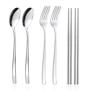 2 pack reusable flatware sets fork, spoon, chopsticks, 6pcs travel utensils portable camp reusable flatware silver reusable flatware