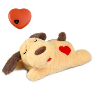 beverly shark puppy heartbeat toy dog anxiety relief calming aid puppy heartbeat stuffed animal behavioral training sleep aid comfort soother plush toy for puppies cats (brown-1) (yellow)