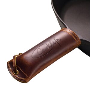 cooklife cast iron handle cover - extra thick leather hot handle holder for cast iron skillets - reusable heat protection up to 500°f skillet handle cover