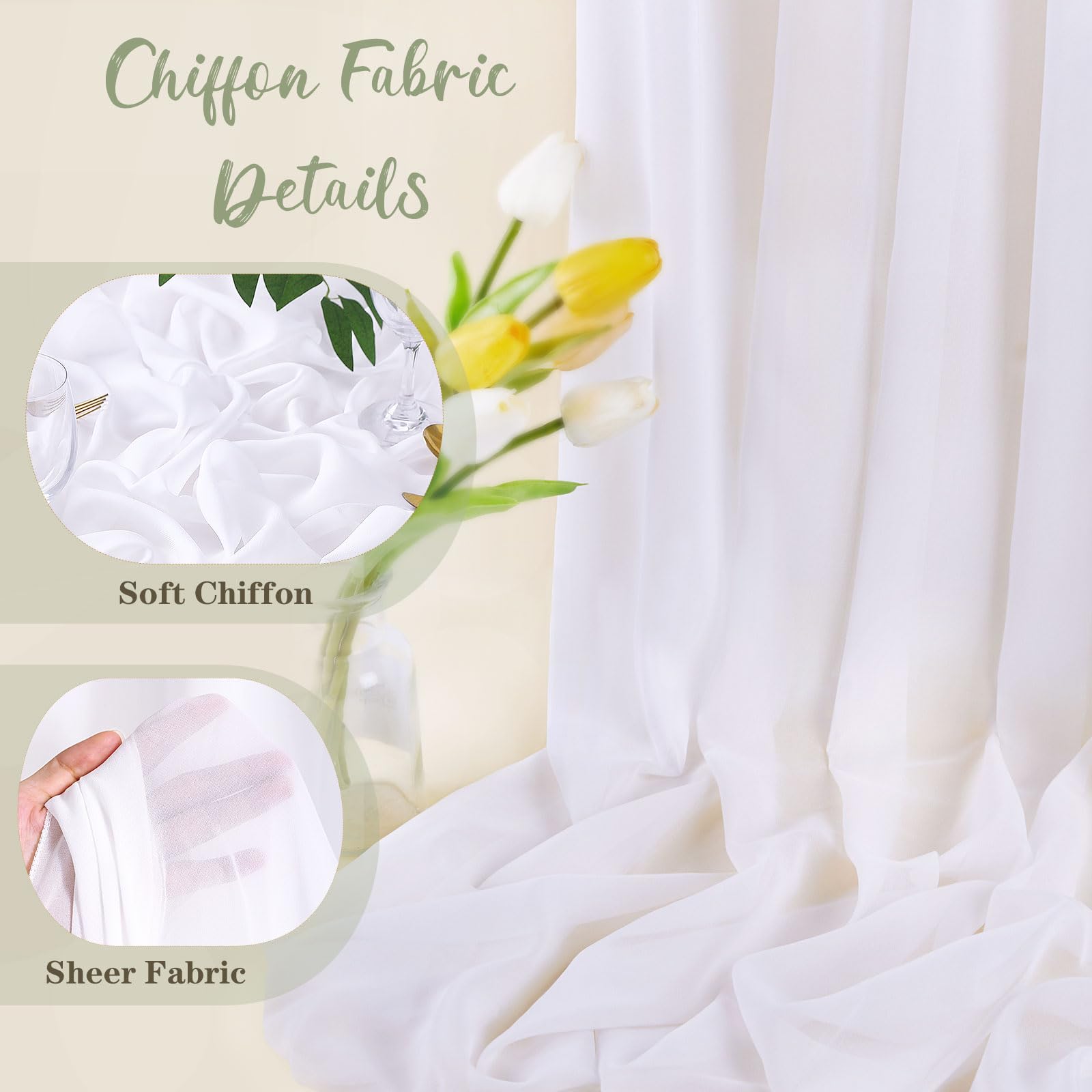 QueenDream Chiffon Fabric by The Yard,White 58 Inches Wide 3 Yards Sheer Fabric Continuous Solid Color Draping Fabric for Party Clothes DIY Crafts