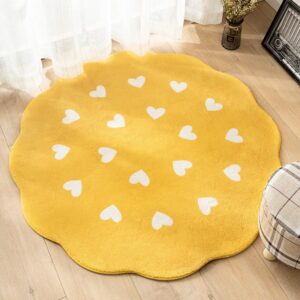 poowe flower shaped rug,hearts round rug for bedroom living room, fluffy circular rug washable nursery rug for kids room nonslip indoor floor mat for entryway,round 39.4"-yellow