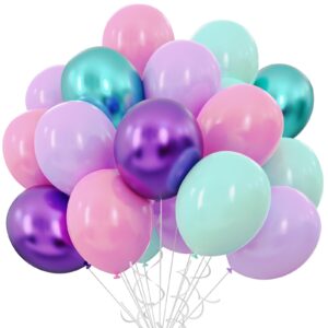 deetuulet mermaid balloons, 50pcs 12 inch purple pink teal balloons kit, metallic green purple latex balloons for birthday, baby shower,mermaid party decorations