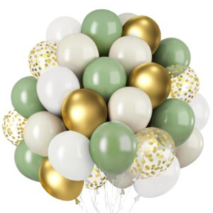 sage green white gold balloons, 50pcs olive green gold metallic sand white balloons with gold confetti balloons for wedding baby shower bridal shower safari birthday party decorations