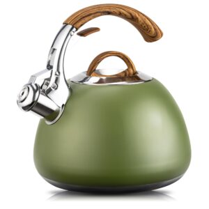 suyika stove top whistling tea kettle food grade stainless steel teapot with wood pattern handle 3 quart green