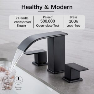 LOOPAN Bathroom Faucet for 3 Hole, Waterfall Matte Black 8 Inch Widespread Bathroom Faucets & Parts, Modern 3 Piece Bathroom Sink Faucet, Touch On Bathroom Sink Faucet with Drian&Hoses