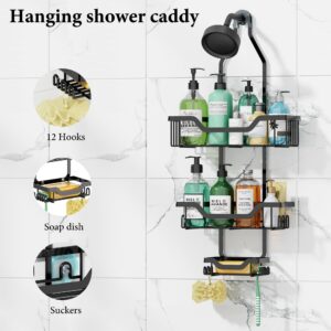 Hanging Shower Caddy Over Shower Head for Shampoo, Bathroom Organizer with 12 Hooks for Towels, Sponge, Razor, Rustproof Shower Storage Shelf Racks, 1 Soap Holder 1 Toothpaste Holder - Black 3-Tier