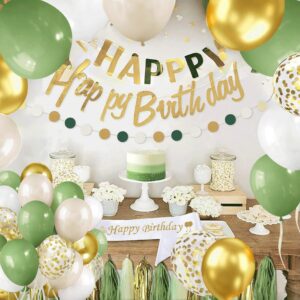 Sage Green White Gold Balloons, 50pcs Olive Green Gold Metallic Sand White Balloons with Gold Confetti Balloons for Wedding Baby Shower Bridal Shower Safari Birthday Party Decorations