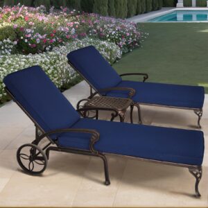 laxllent patio chaise lounge chairs outdoor pool lounge chairs set of 2 with 1 outdoor side table cast aluminum for backyard, poolside, balcony, garden with seat cushion(navy,3unit)