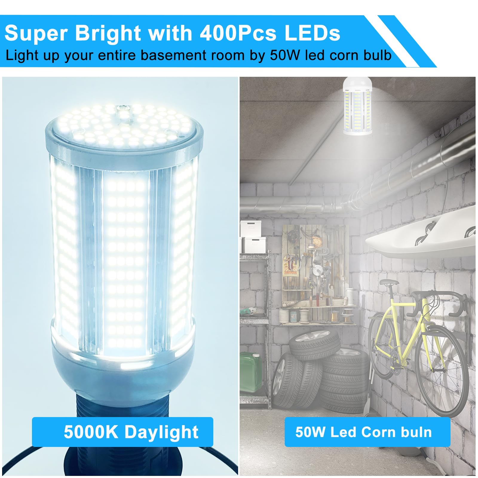 400W Equivalent LED Corn Light Bulb 6000 Lumen Led Corn Bulb 50W Super Bright 5000K Daylight White E26/E27 Base LED Light Bulb for Home Garage Lighting Garage Backyard Office Household