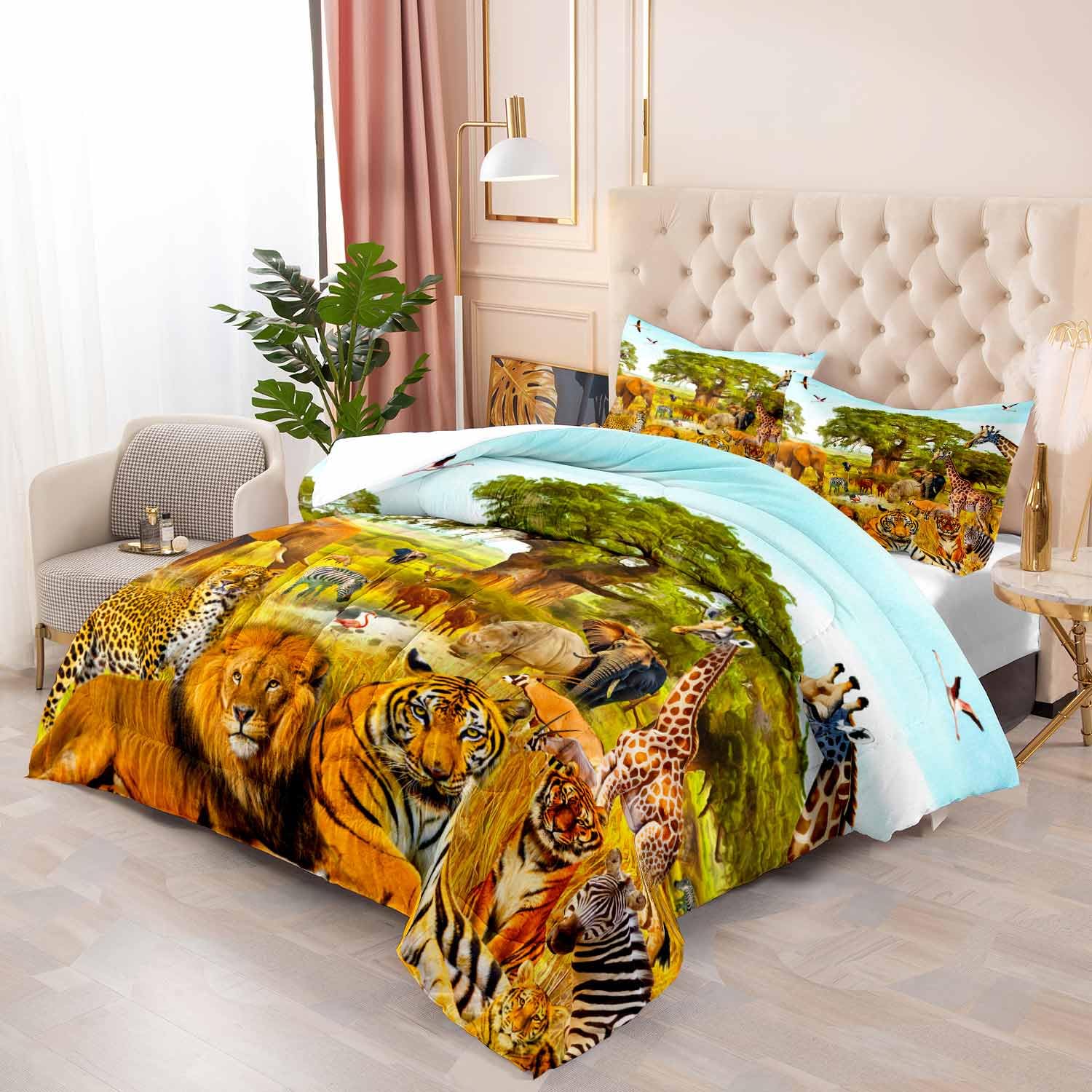 LUVIVIHOME 3PCS Kids Comforter Set Queen Size, Safari Animal Bedding for Boys Girls, Zoo Jungle Animal Tiger Lion Leopard Elephant Zebra Giraffe African Wildlife Wild Animal Bedroom Set, 2 Pillowcases