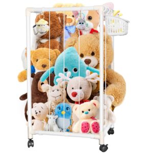 xmbecc stuffed animal storage zoo stuffed animal holder space save vertical stuffed animals storage pvc with elastic band and net for playroom birthday gift (small-white)