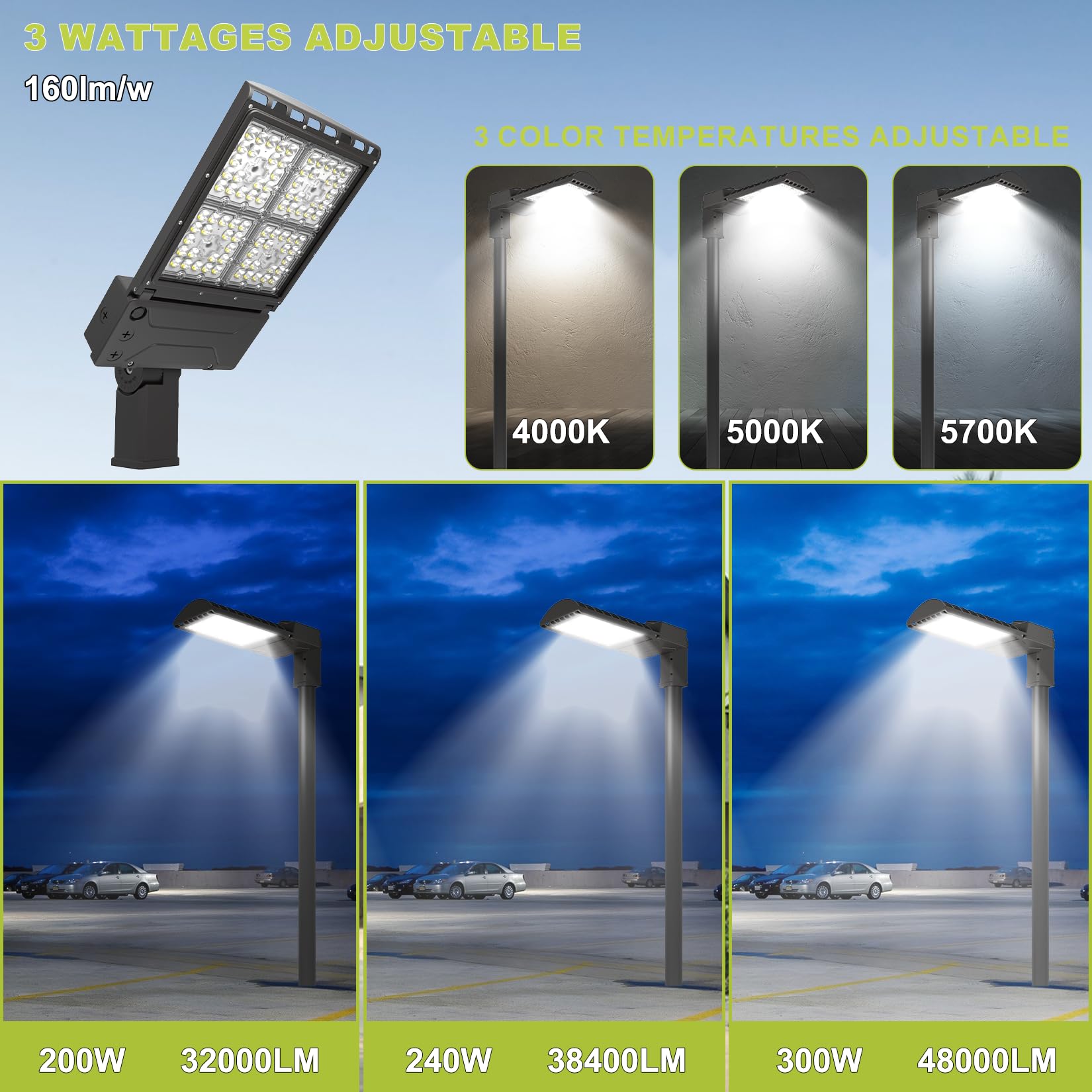 Hylele LED Parking Lot Lights 300w-240w-200w turnable 5700k/5000K/4000K Adjustable Dusk-to-Dawn Photocell Outdoor IP65 Commercial Street Area Lighting 1 Pack (Optional Motion Sensor, Extra Purchase)