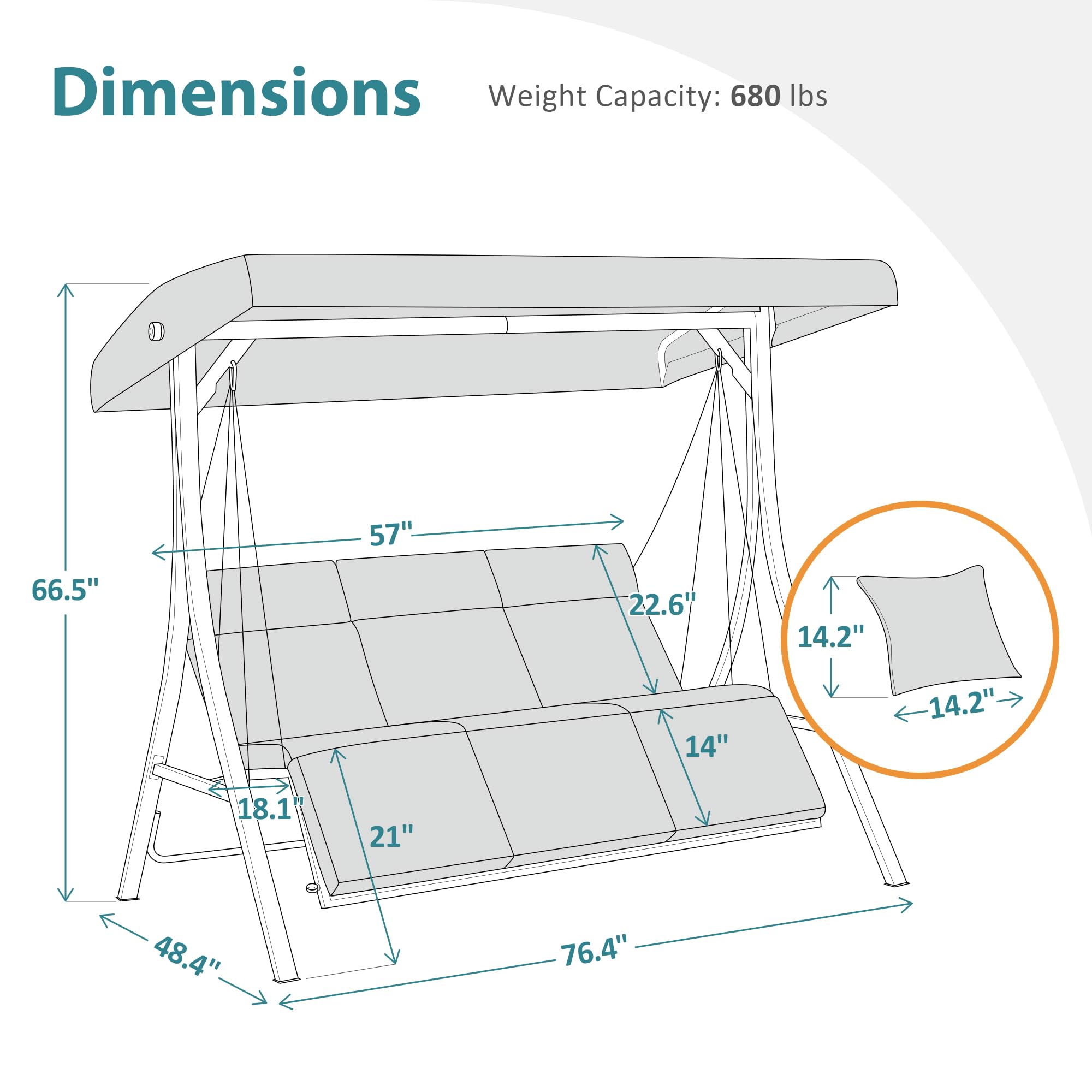 MCombo 3-Seat Reclining Patio Swing Chair with Chain Armrests, Outdoor Porch Swing Chair with Cushions and Pillows for Backyard, Poolside, Deck 4354 (Dark Grey)