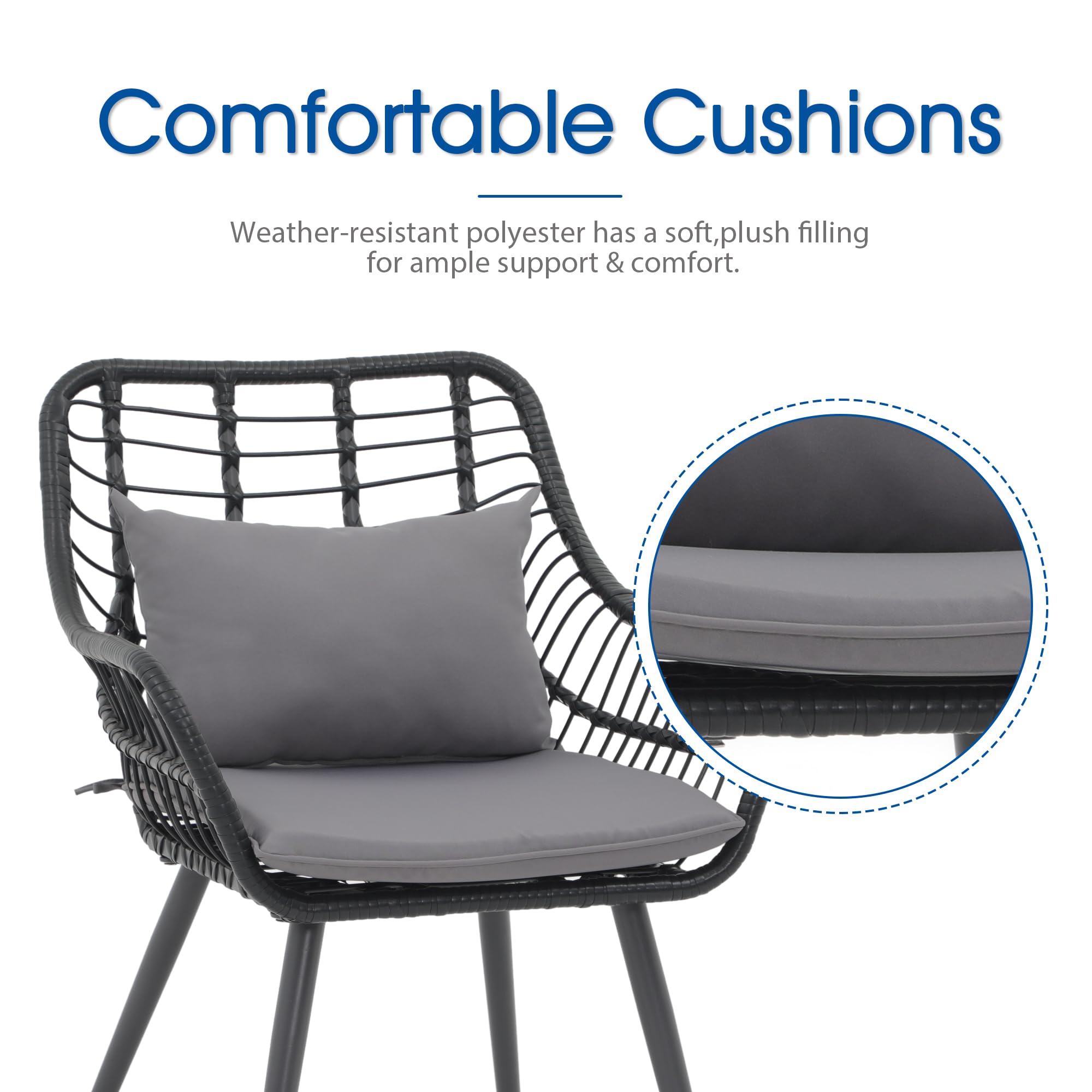 wOod-it 3 Piece Patio Set, Outdoor Wicker Conversation Chair Sets, All-Weather Rattan Bistro Furniture Set with Glass Top Table, Cushions & Lumbar Pillows for Porch Balcony Deck Backyard Poolside