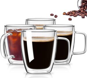 oja double walled coffee mugs set of 4-12.5oz clear coffee cup with handle for cappuccino, tea bag, latte espresso americano - insulated, heat resistant beverage glasses borosilicate glass