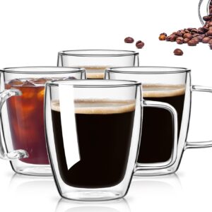 OJA Double Walled Coffee Mugs Set of 4-12.5oz Clear Coffee Cup with Handle for Cappuccino, Tea Bag, Latte Espresso Americano - Insulated, Heat Resistant Beverage Glasses Borosilicate Glass