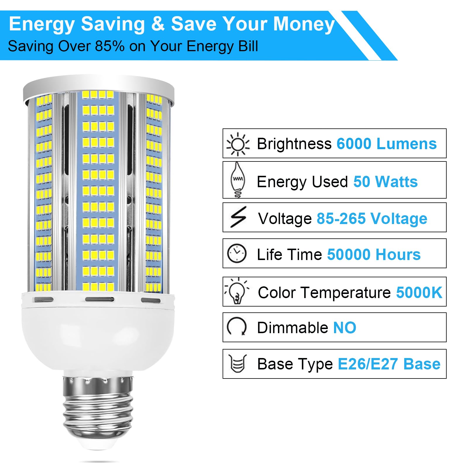 400W Equivalent LED Corn Light Bulb 6000 Lumen Led Corn Bulb 50W Super Bright 5000K Daylight White E26/E27 Base LED Light Bulb for Home Garage Lighting Garage Backyard Office Household