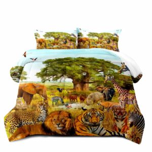 LUVIVIHOME 3PCS Kids Comforter Set Queen Size, Safari Animal Bedding for Boys Girls, Zoo Jungle Animal Tiger Lion Leopard Elephant Zebra Giraffe African Wildlife Wild Animal Bedroom Set, 2 Pillowcases