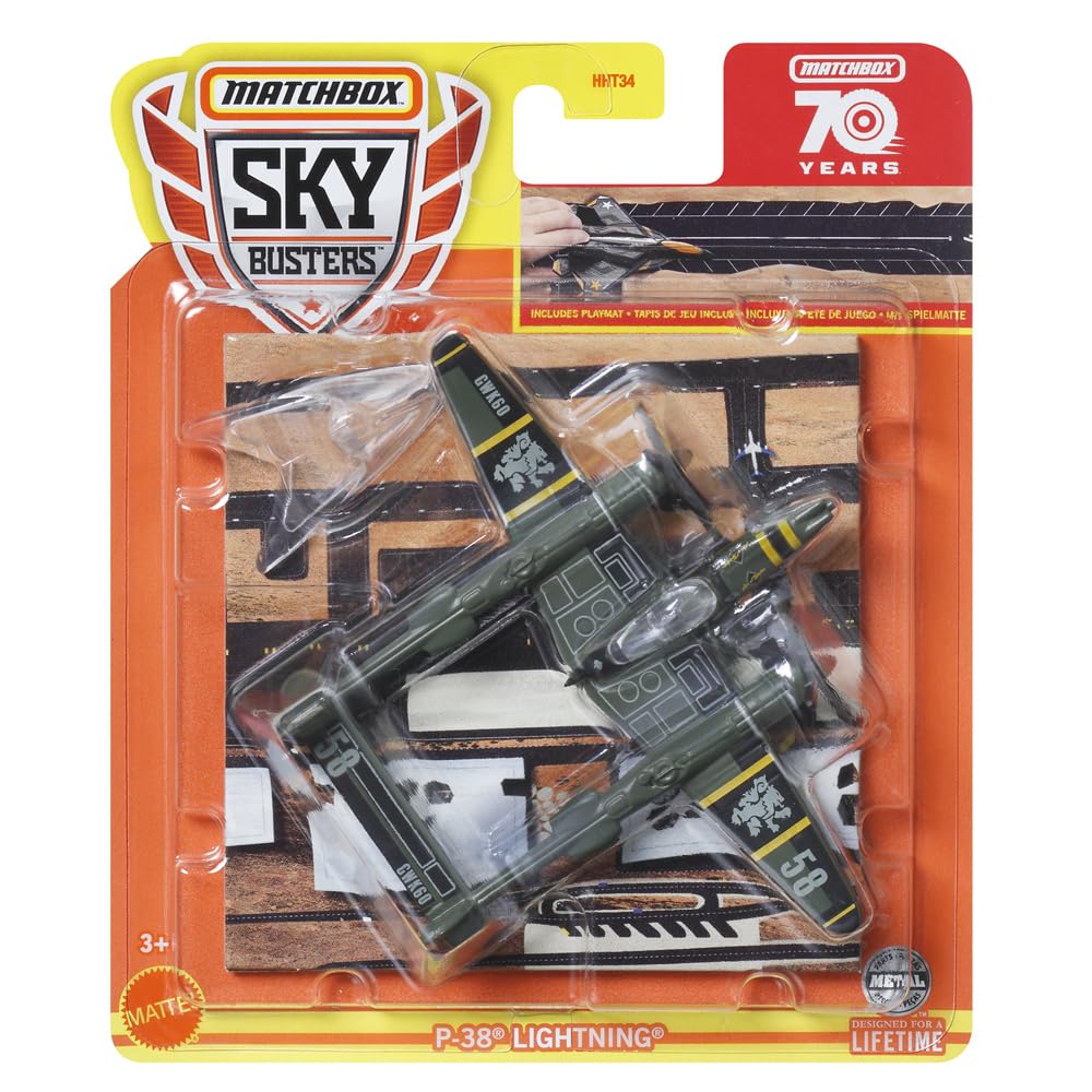 Matchbox Collectible Die-Cast Metal Sky Busters Inspired by Lockheed Martin P-38 Lightning Jet - HLJ25 ~ Green Combat Fighter Jet Airplane ~ Includes Playmat