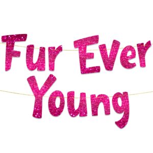 furever young pink glitter banner – dog birthday banner – cat birthday decorations – funny puppy and kitten birthday party supplies and gifts