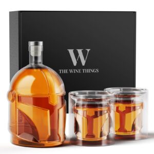 galaxy whiskey decanter set for men, 34 oz decanter with two glasses, handmade leadfree glass decanter set with unique helmet design, gift for men, dad, him, cool drinking accessories for home bar