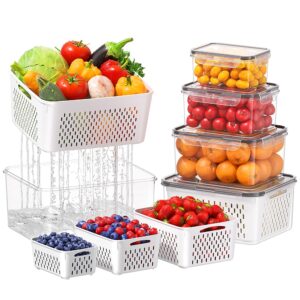 5 pcs large fruit storage containers for fridge, airtight food storage containers with removable colander, dishwasher & microwave safe, berries containers keep vegetables, fruits fresh longer