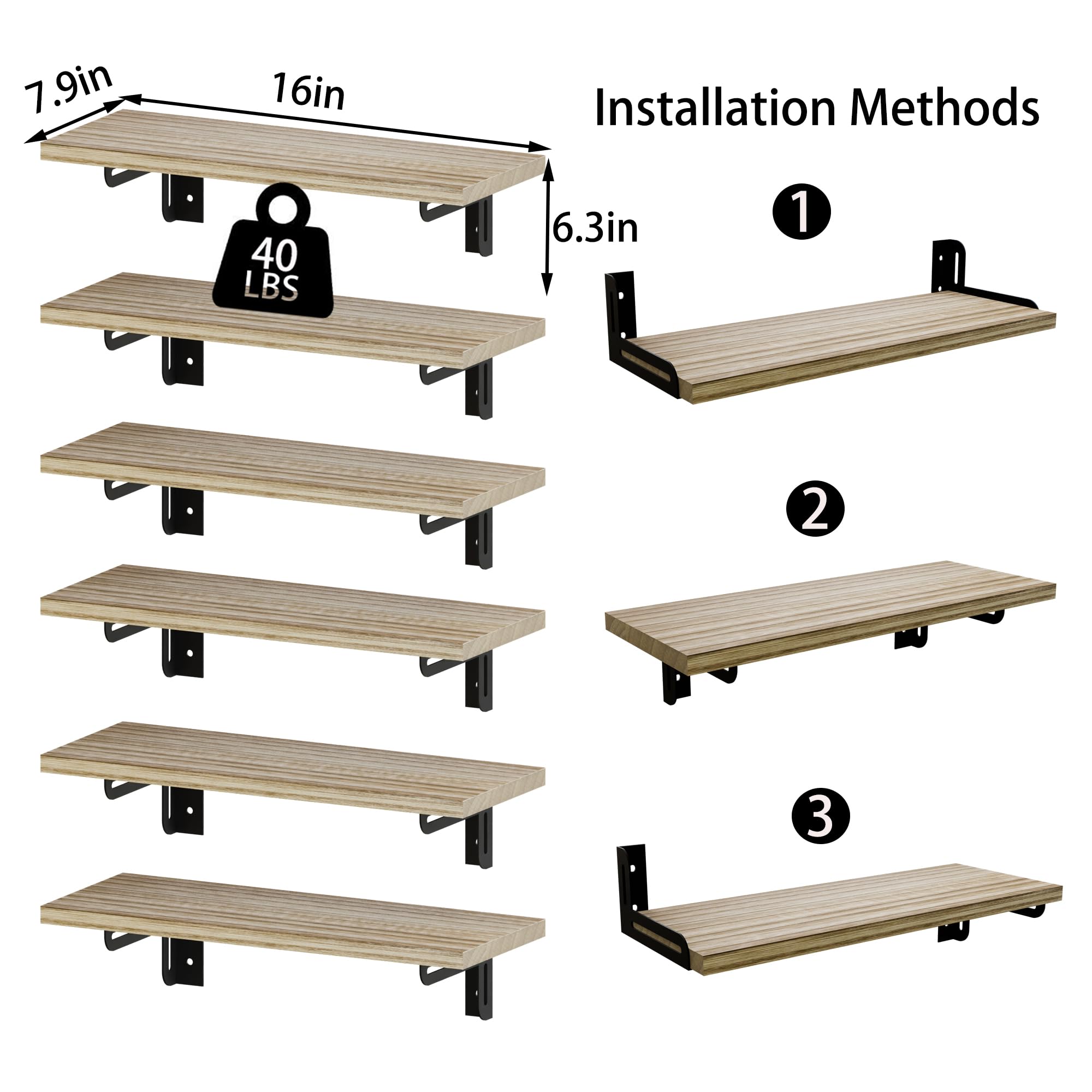 TEDIDUWA Rustic Wood Floating Shelves Set of 6, 16 Inches Wood Rustic Farmhouse Wall Shelves, Easy-to-Install Hanging Shelves for Living Room, Kitchen, and Bathroom, 40lbs Capacity.