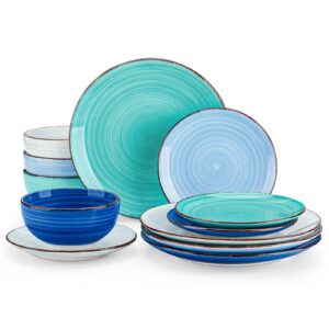 vancasso bonita dinnerware set blue stoneware 12 pieces service for 4, handpainted spirals pattern stoneware plates and bowls set