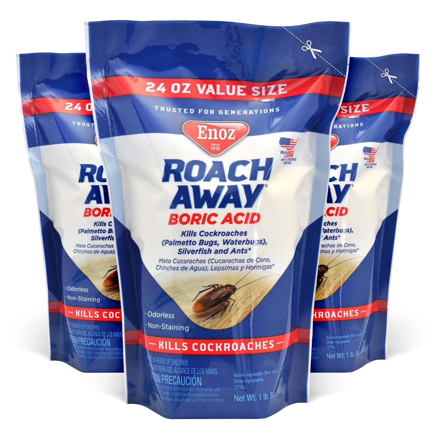 Enoz Roach Away Boric Acid Powder - Kills Cockroaches, Silverfish, and Ants - (3 Pack) 24 oz Bag