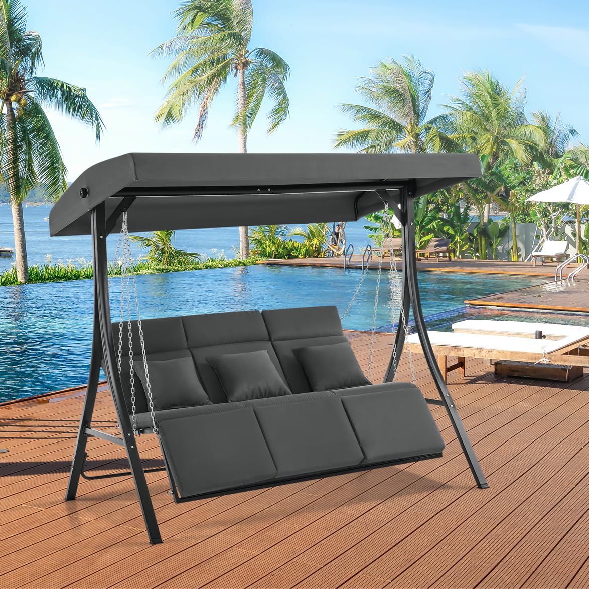 MCombo 3-Seat Reclining Patio Swing Chair with Chain Armrests, Outdoor Porch Swing Chair with Cushions and Pillows for Backyard, Poolside, Deck 4354 (Dark Grey)