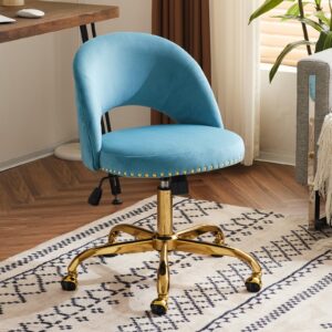 vingli modern velvet small office chair,cute desk chair with wheels,gold base/studs, comfy armless swivel vanity task chair for women/girl/kids, nail tech chair for bedroom,small space,cruising blue