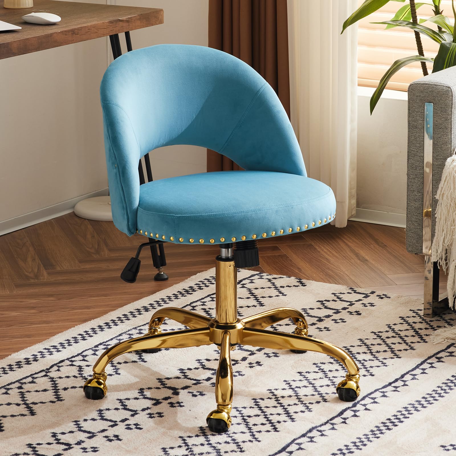 VINGLI Modern Velvet Small Office Chair,Cute Desk Chair with Wheels,Gold Base/Studs, Comfy Armless Swivel Vanity Task Chair for Women/Girl/Kids, Nail Tech Chair for Bedroom,Small Space,Cruising Blue