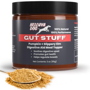 gut stuff by helluva dog — digestive aid meal topper for active sporting dogs — pumpkin & slippery elm for dog's upset stomach & better gut health, packed with fiber - 3oz